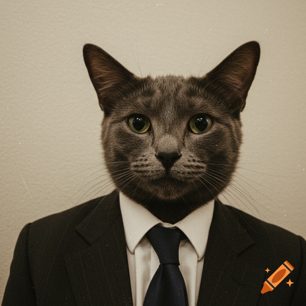 Close-up of a grey cat wearing a business suit and tie, with a vintage ...