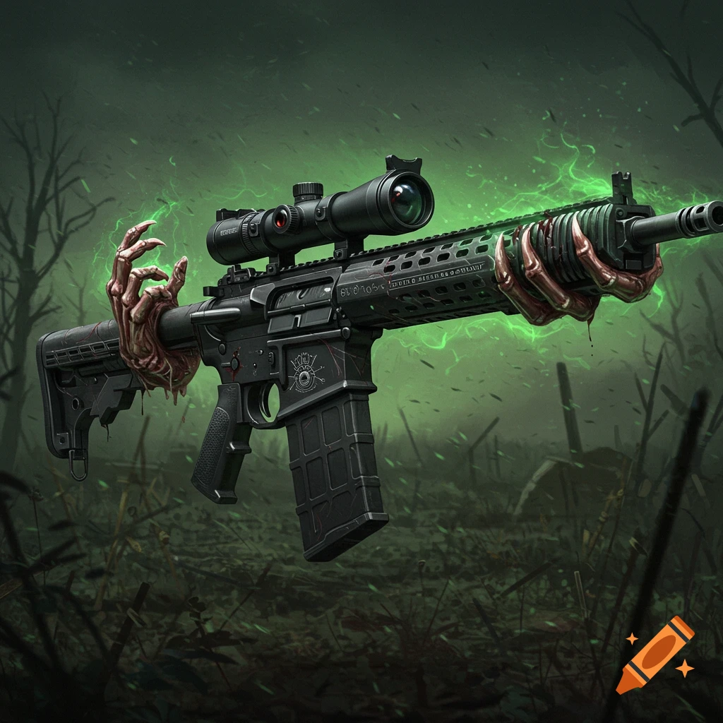 A rifle is held by skeletal hands radiating green energy within a ...
