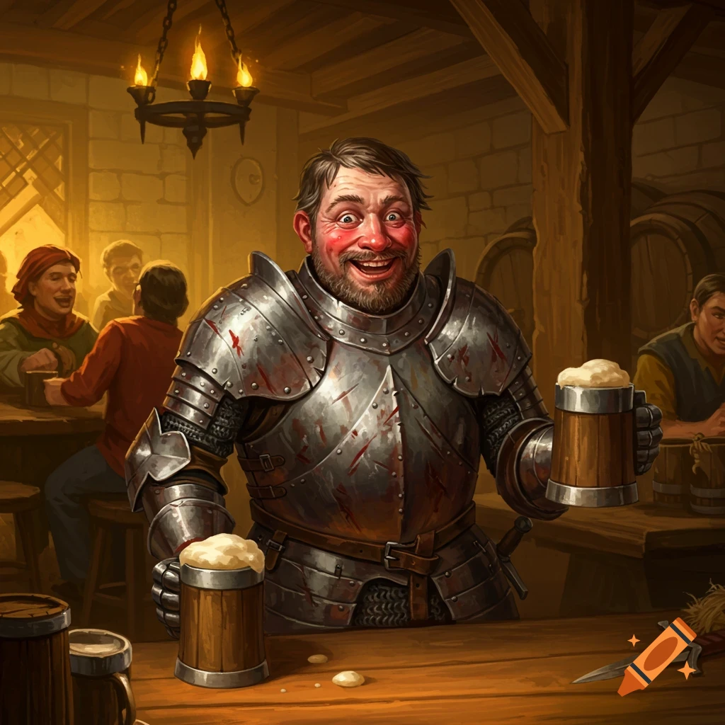 A grinning knight in armor holds two beer mugs in a busy medieval ...