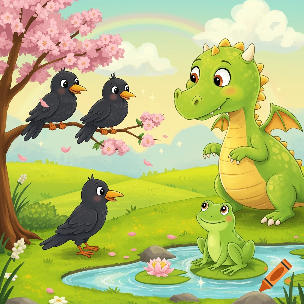 Cartoon fairytale title page with cute dragon, crow, and frog on Craiyon