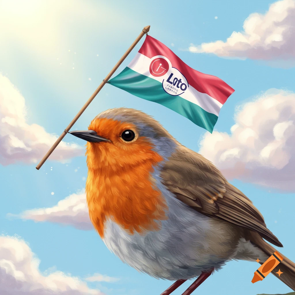 A robin bird is holding a flag with 'LGto' on it against a cloudy sky ...