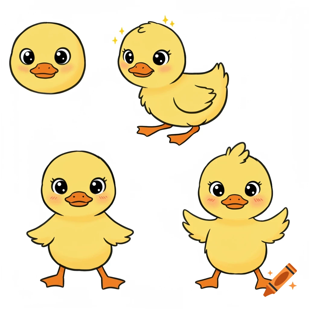Four simple cartoon illustrations of cute yellow ducklings in different ...