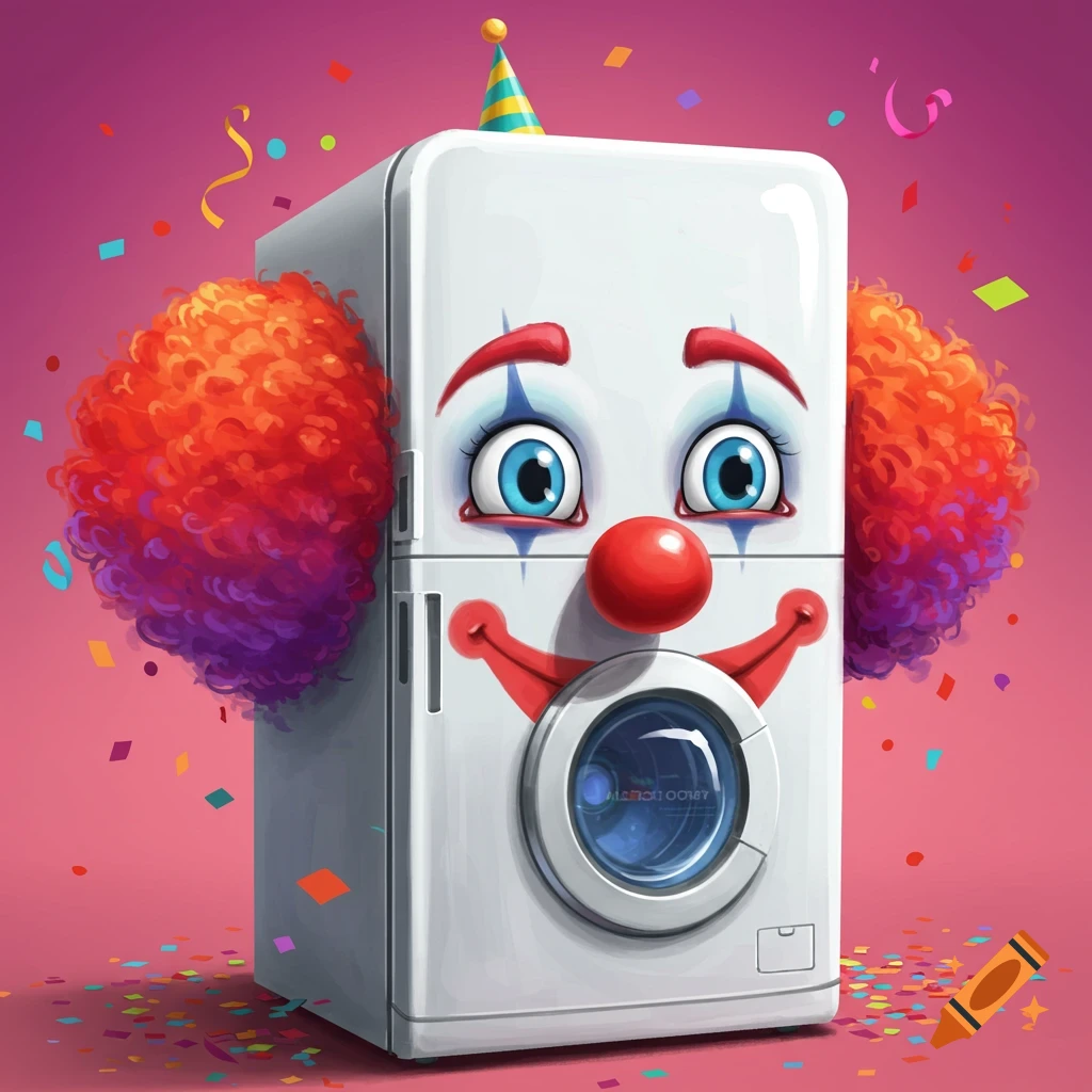 A washing machine dressed as a clown with confetti. on Craiyon