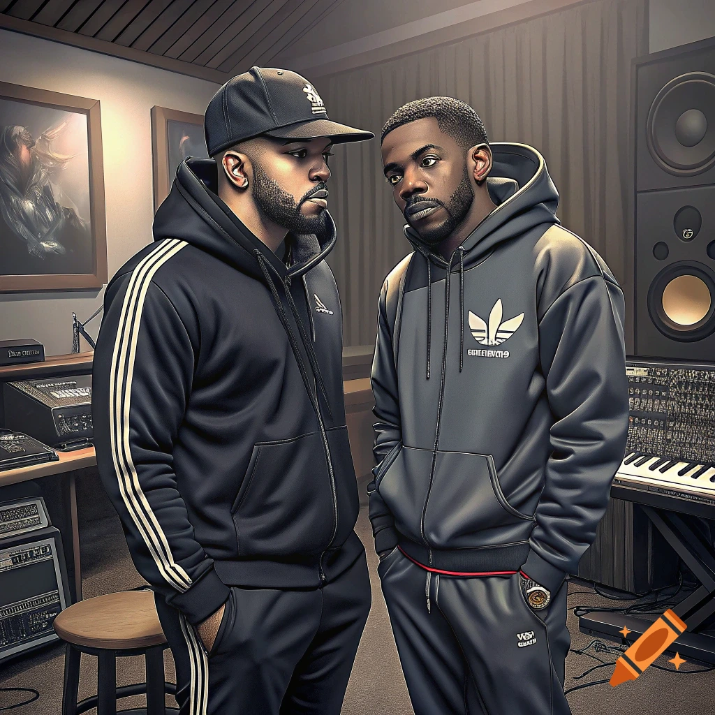 Two men wearing headphones sit at a sound mixing board in a dark recording studio ...