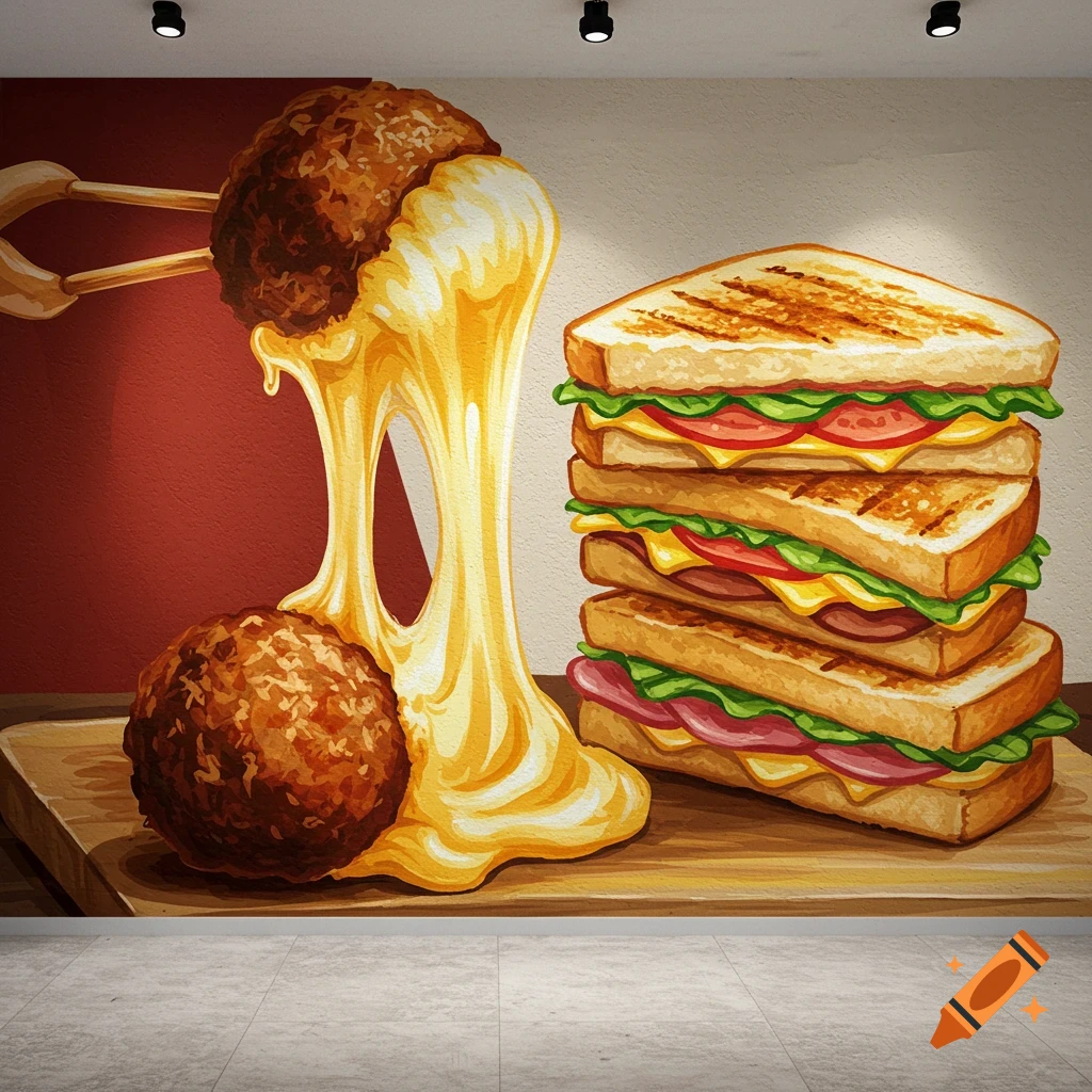 Wall mural of meatball cheese pull and grilled sandwiches on Craiyon