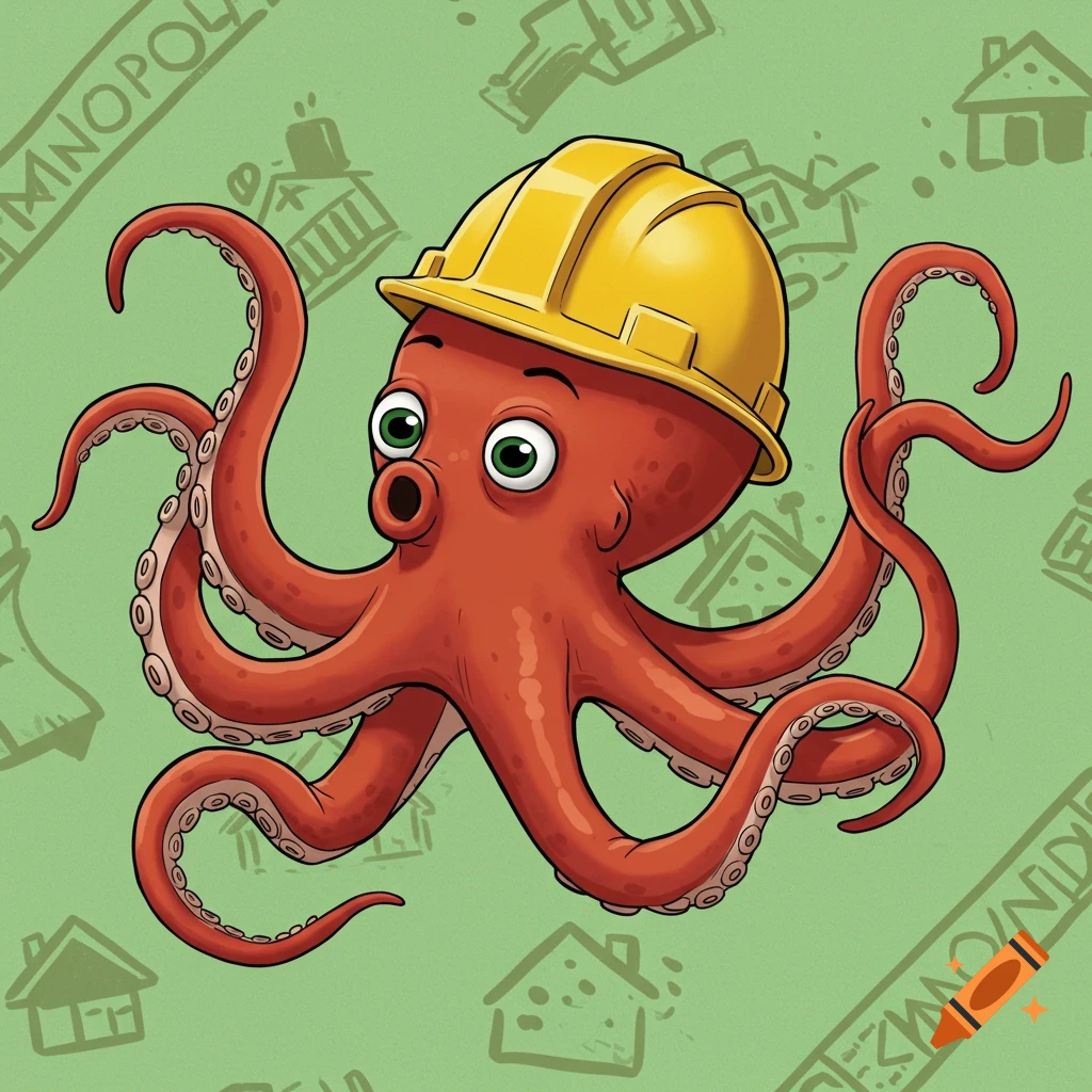 Cartoon octopus wearing a yellow hardhat and holding wrenches at a ...