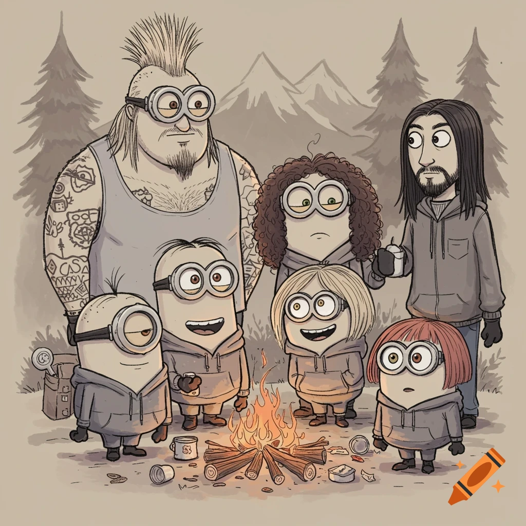 Cartoon illustration of various minions and two humans camping around a ...