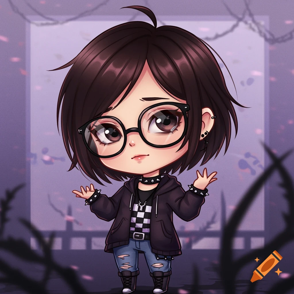 Chibi anime girl with dark brown hair, glasses, and emo style on Craiyon