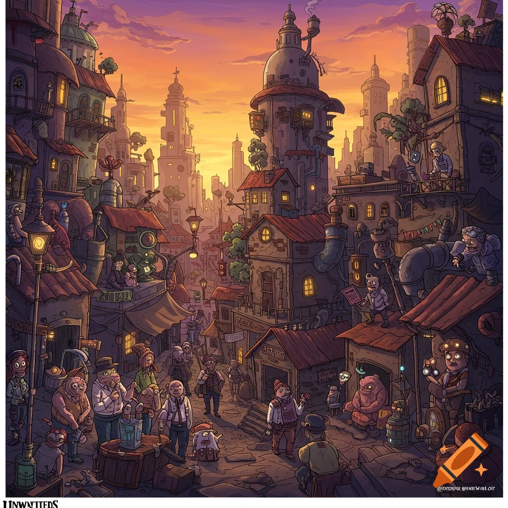 Illustration of a busy, whimsical fantasy city with strange buildings ...
