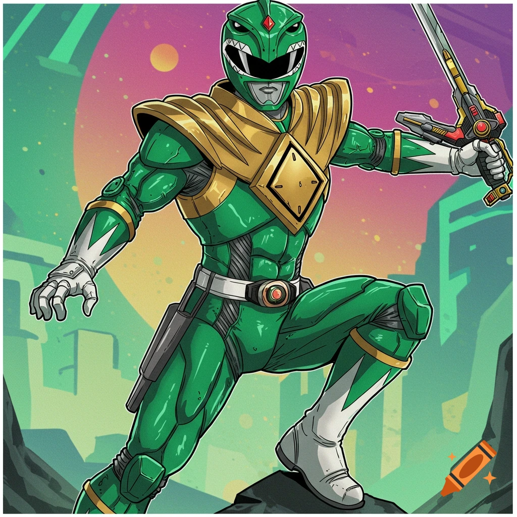 The Green Power Ranger holding a sword in an action pose. on Craiyon