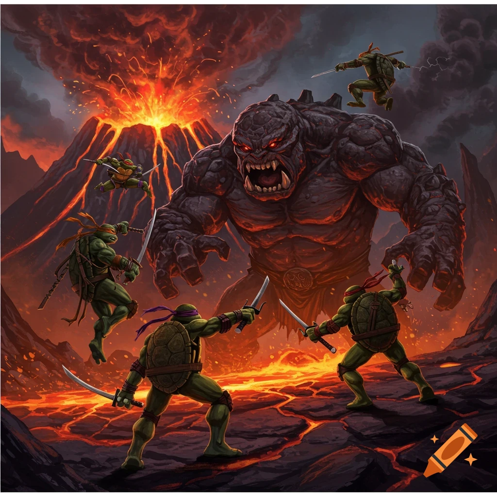 Teenage Mutant Ninja Turtles battling a rock giant in a volcanic ...
