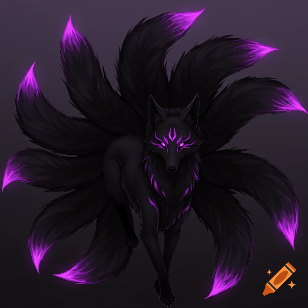 A black kitsune with nine tails and glowing purple markings. on Craiyon