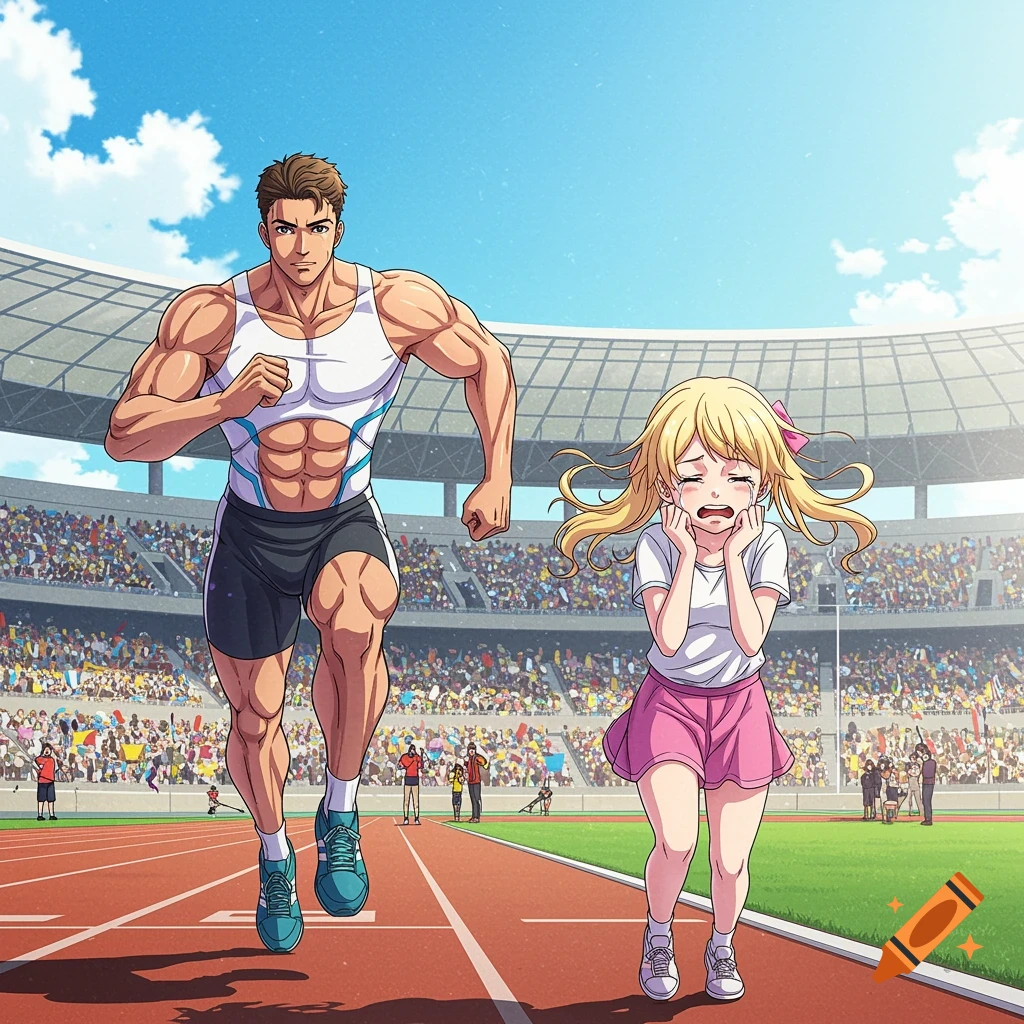 Muscular man races crying girl on a stadium track in anime style. on ...