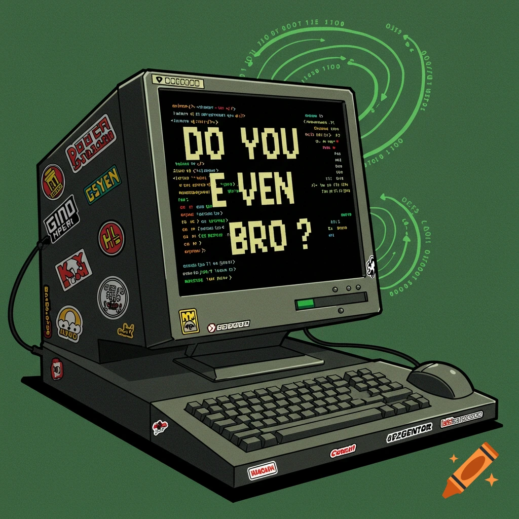 Nerdy computer displaying "do you even code bro?" in black and green programming language on Craiyon