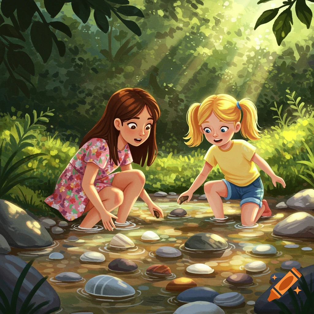 Two young girls play in a sunlit forest stream, collecting stones ...