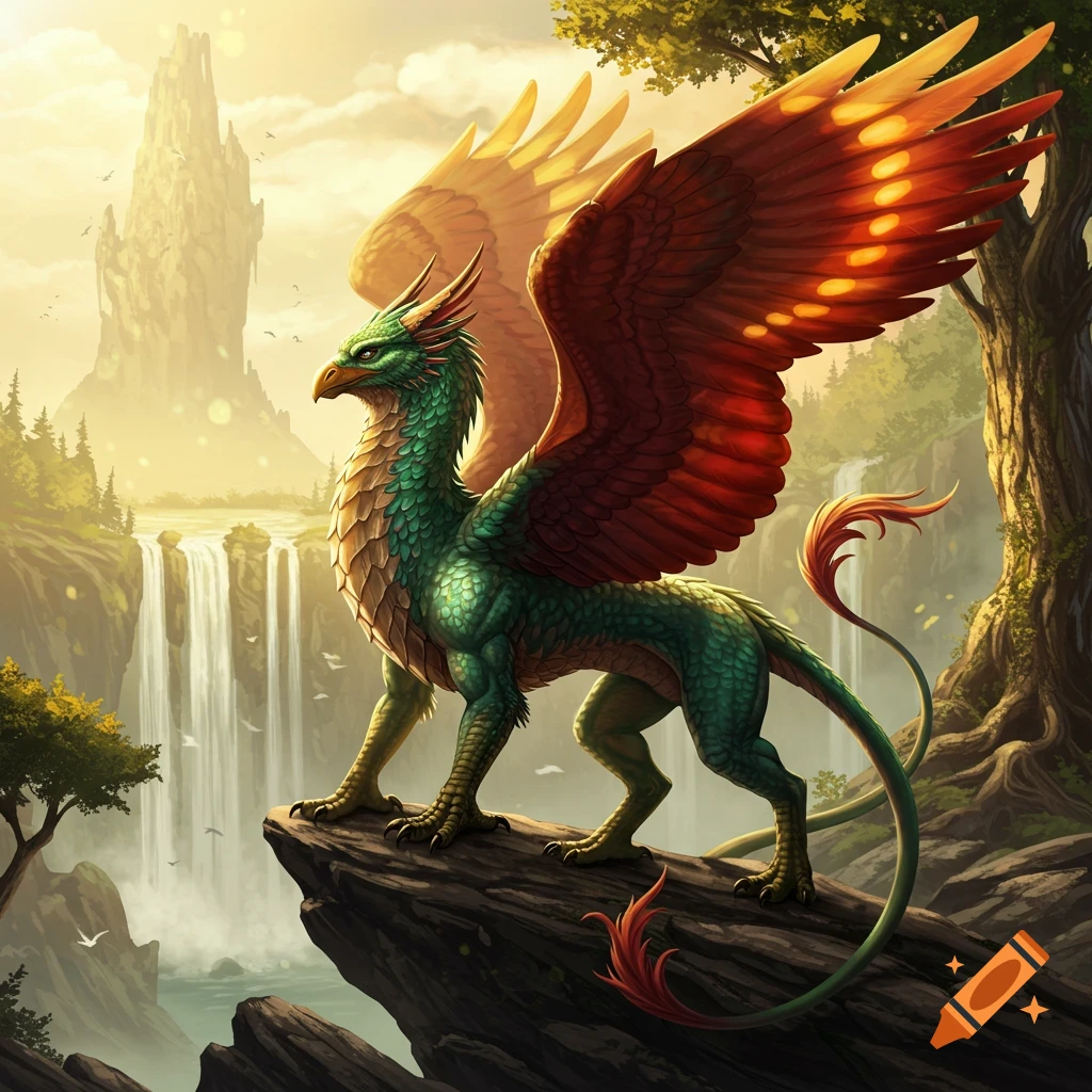 A green griffin-dragon stands on a rock overlooking a waterfall in a ...