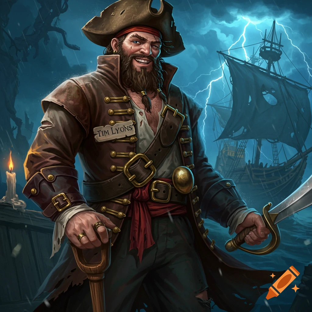 Illustration of a red-bearded pirate skeleton at the helm of a ship in ...