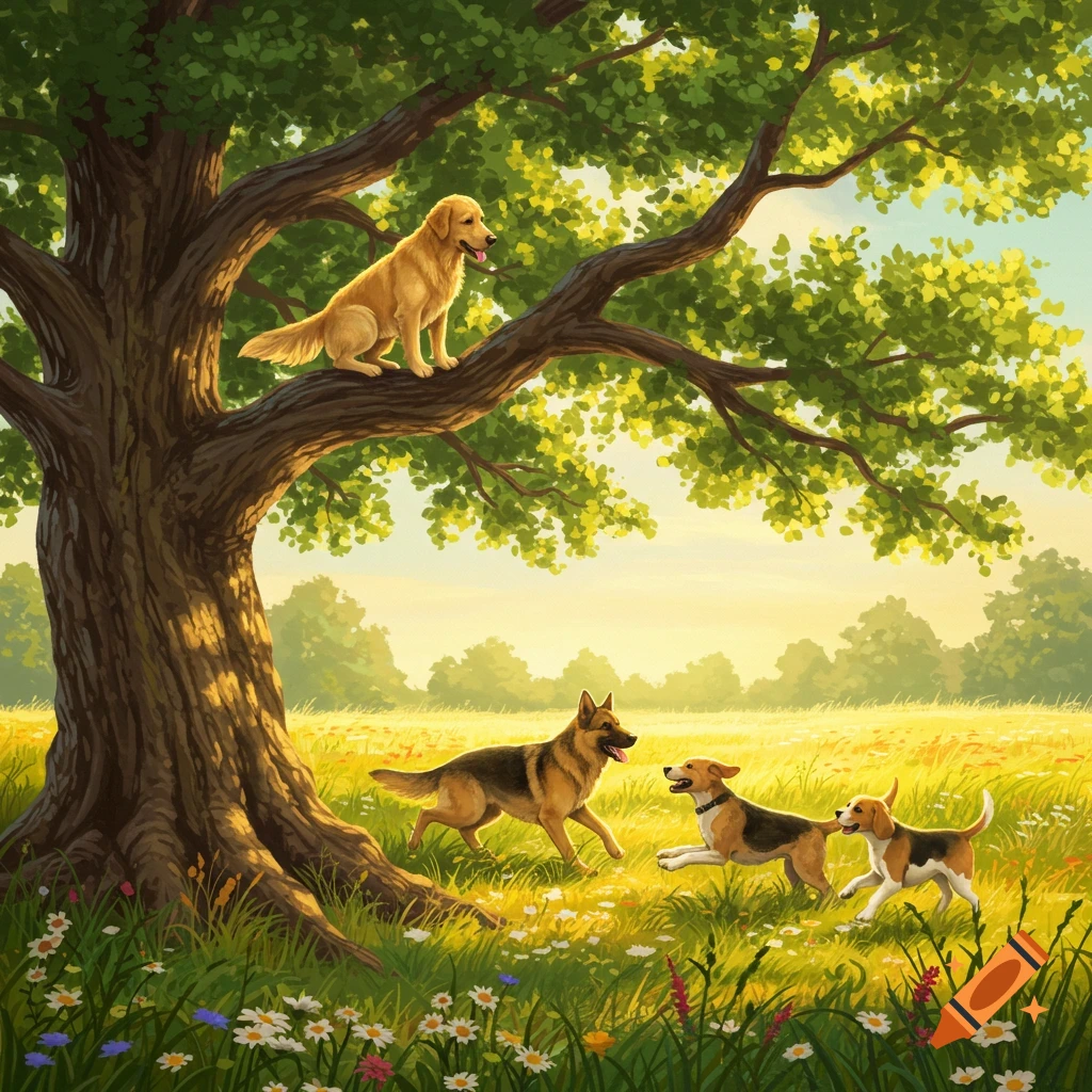 Tree, dog in tree branch, and three dogs chasing each other on Craiyon