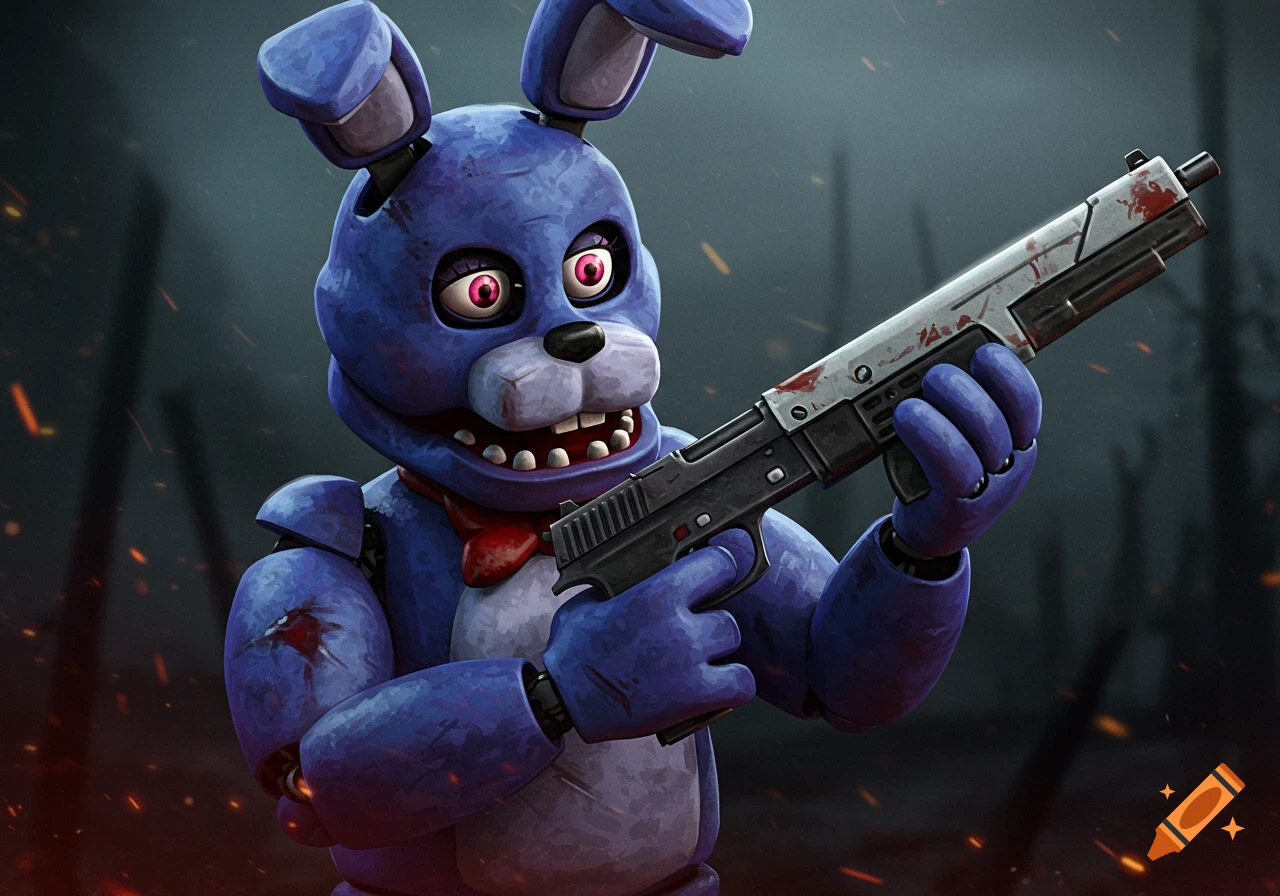 Bonnie the Bunny from Five Nights at Freddy's holding a gun on Craiyon