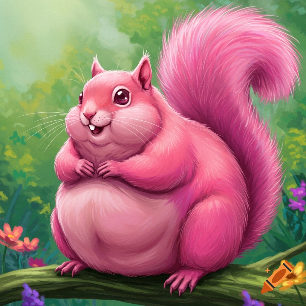 A plump pink squirrel sits on a tree branch. on Craiyon