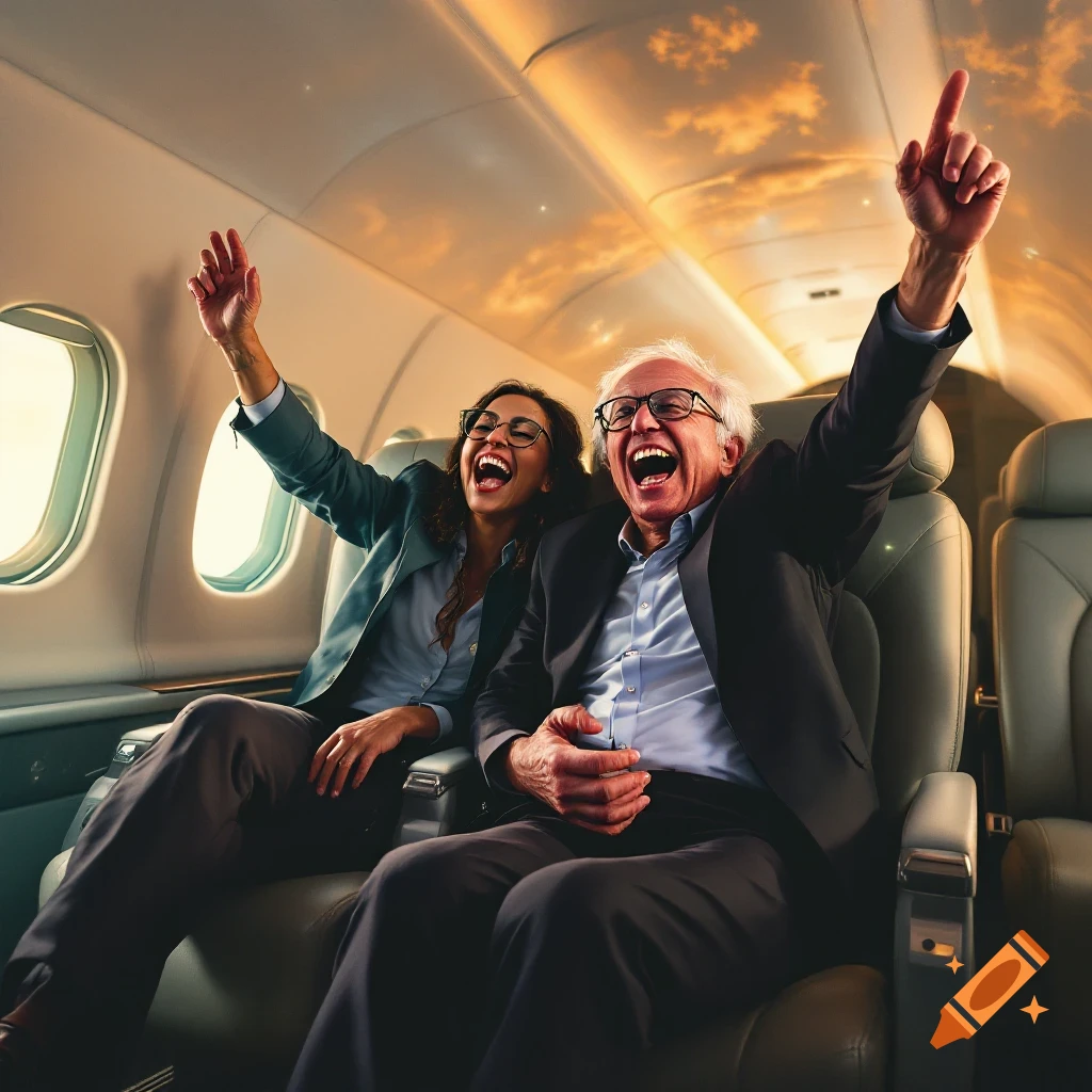 Meme mocking AOC and Bernie Sanders on a private jet on Craiyon