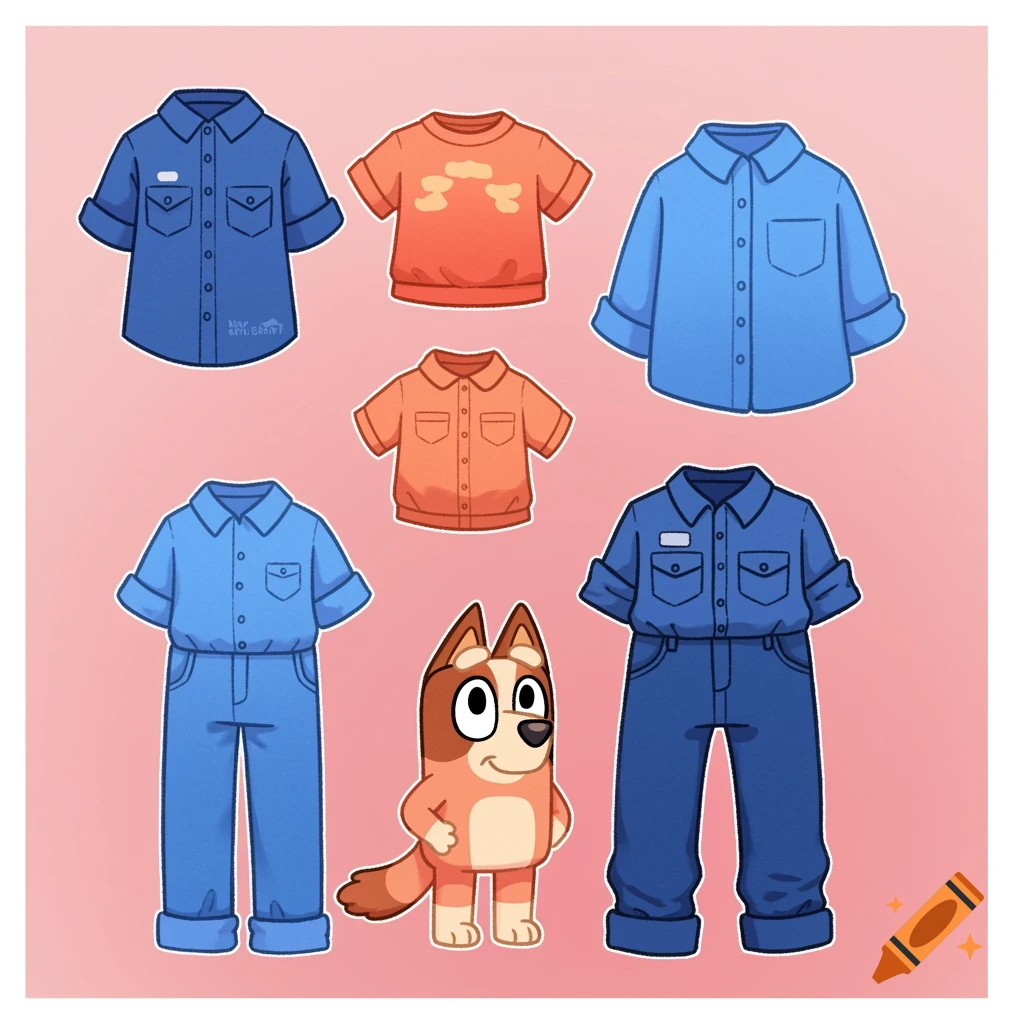 Various cartoon clothing items and a dog character from Bluey. on Craiyon