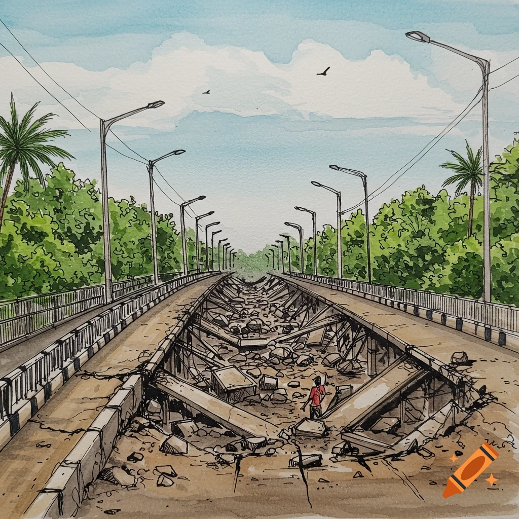 Watercolor illustration of a destroyed road bridge with rubble and a ...