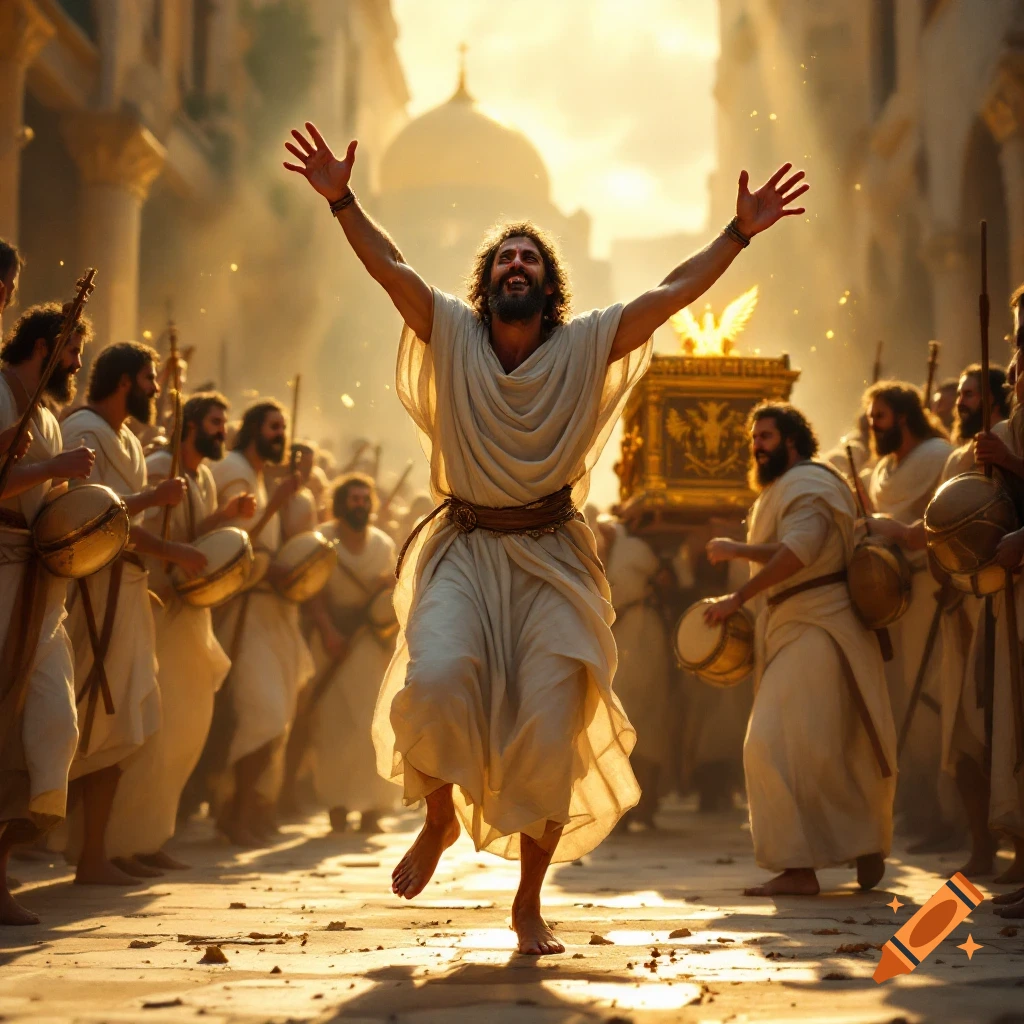 King David dancing before the Ark of the Covenant with musicians and a ...