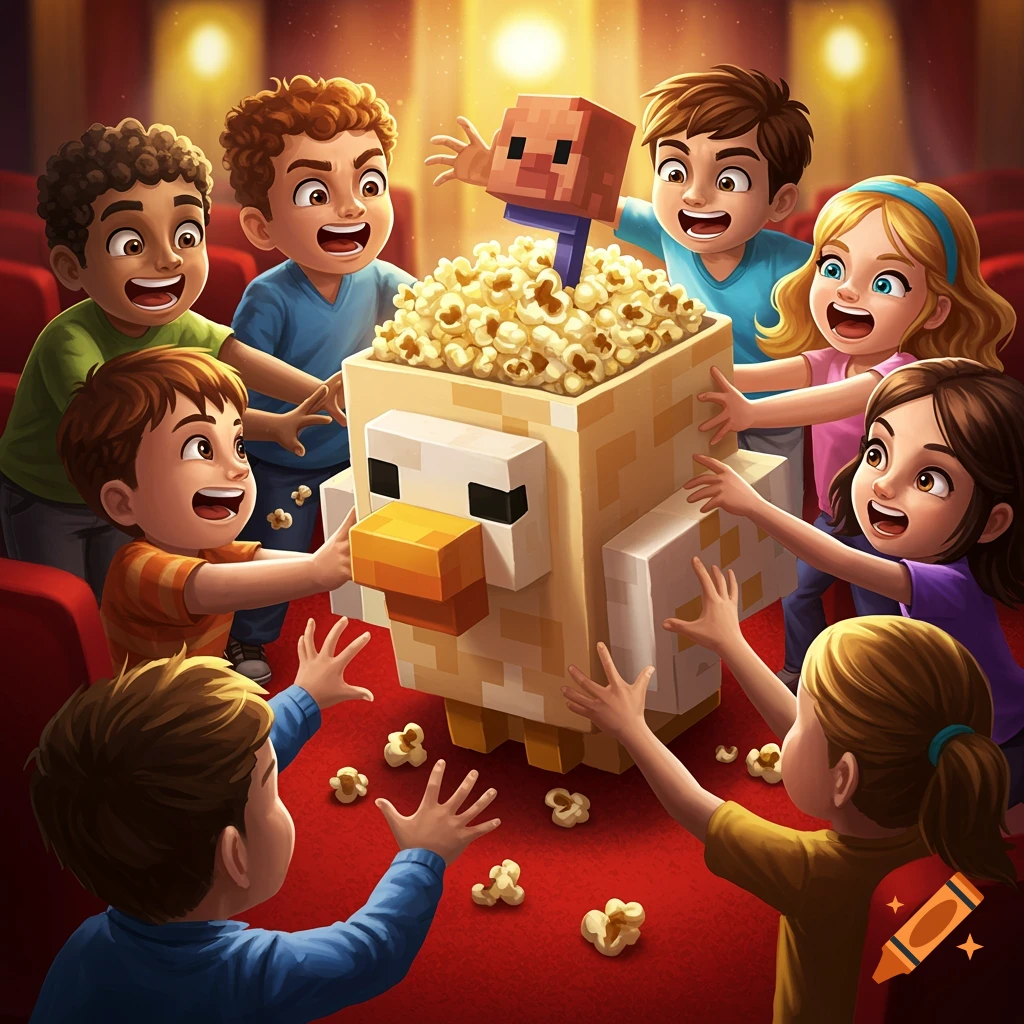 Cartoon illustration of children reaching for a large Minecraft chicken ...