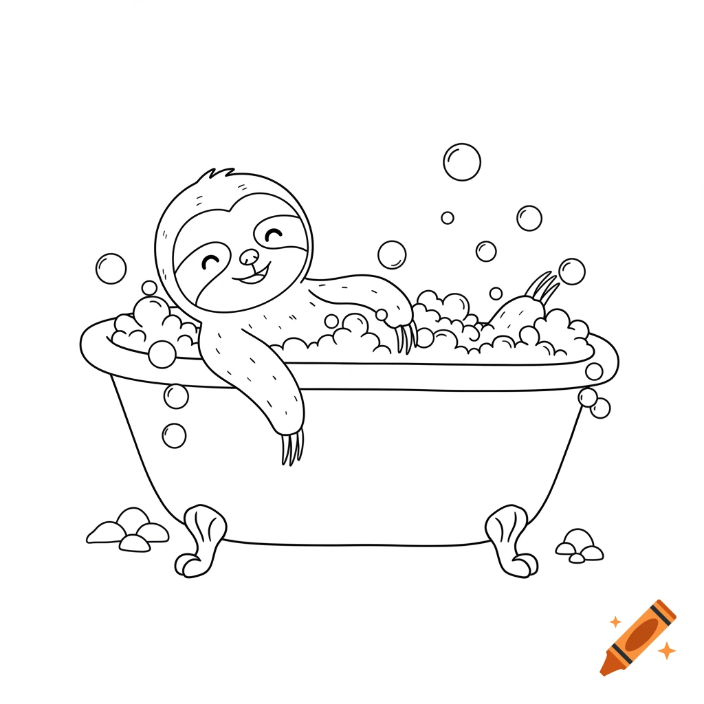 Sloth in a bubble bath coloring sheet on Craiyon