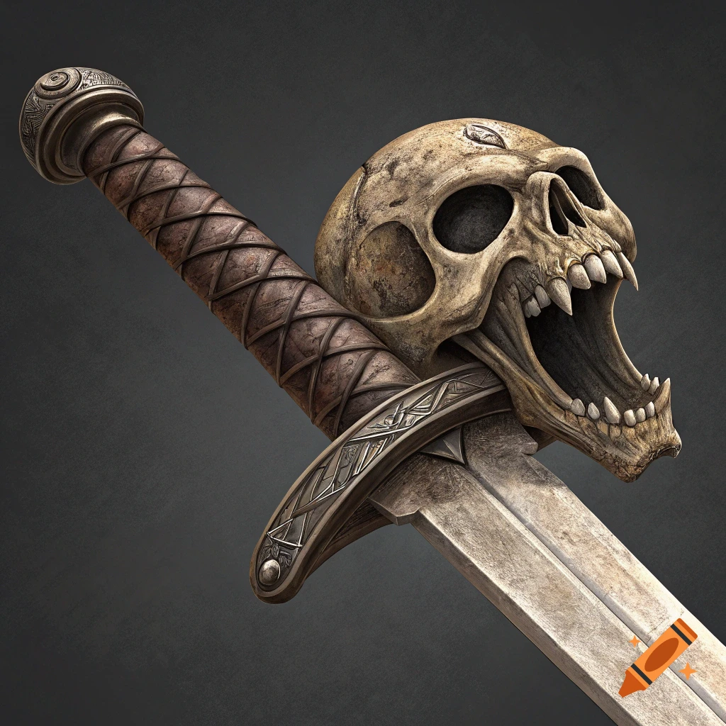 A close-up of a sword with a screaming skull on the guard. on Craiyon