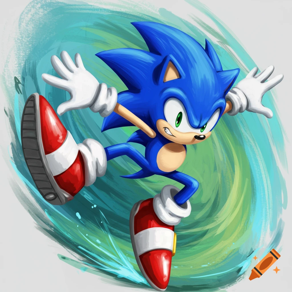 Sonic the Hedgehog running at speed kicking up dirt, digital art on Craiyon