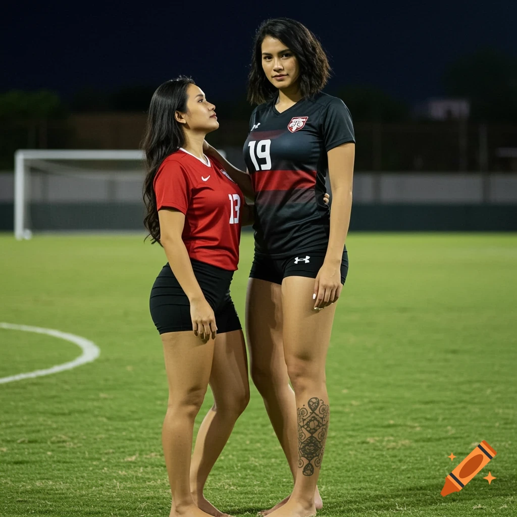 Filipina model in soccer jersey and athletic shorts posing with another ...