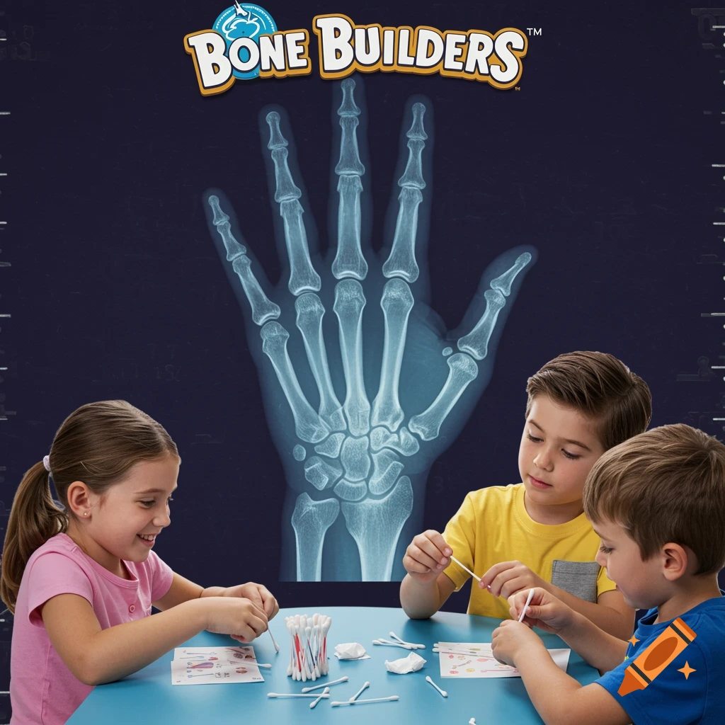 Bone Builders poster featuring kids creating an x-ray hand from q-tips on Craiyon