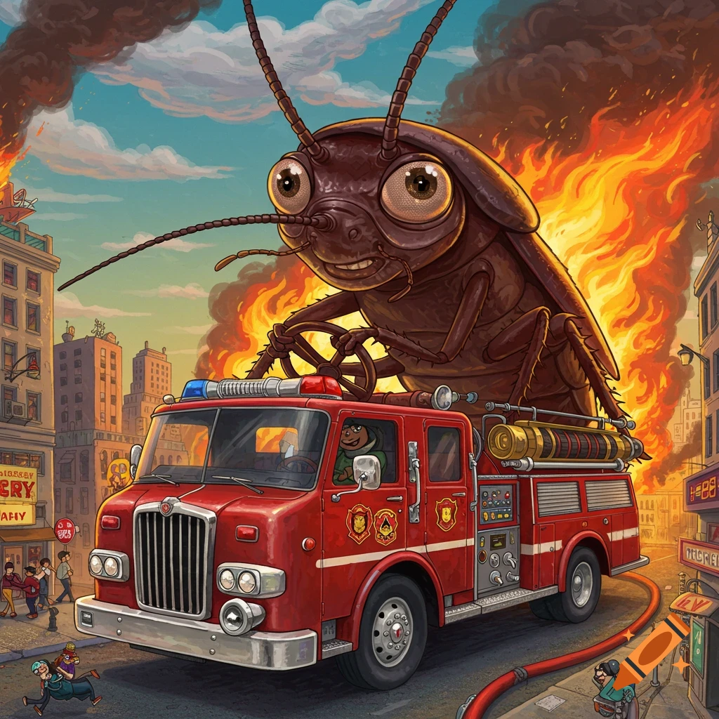 Giant roach driving a fire truck on Craiyon