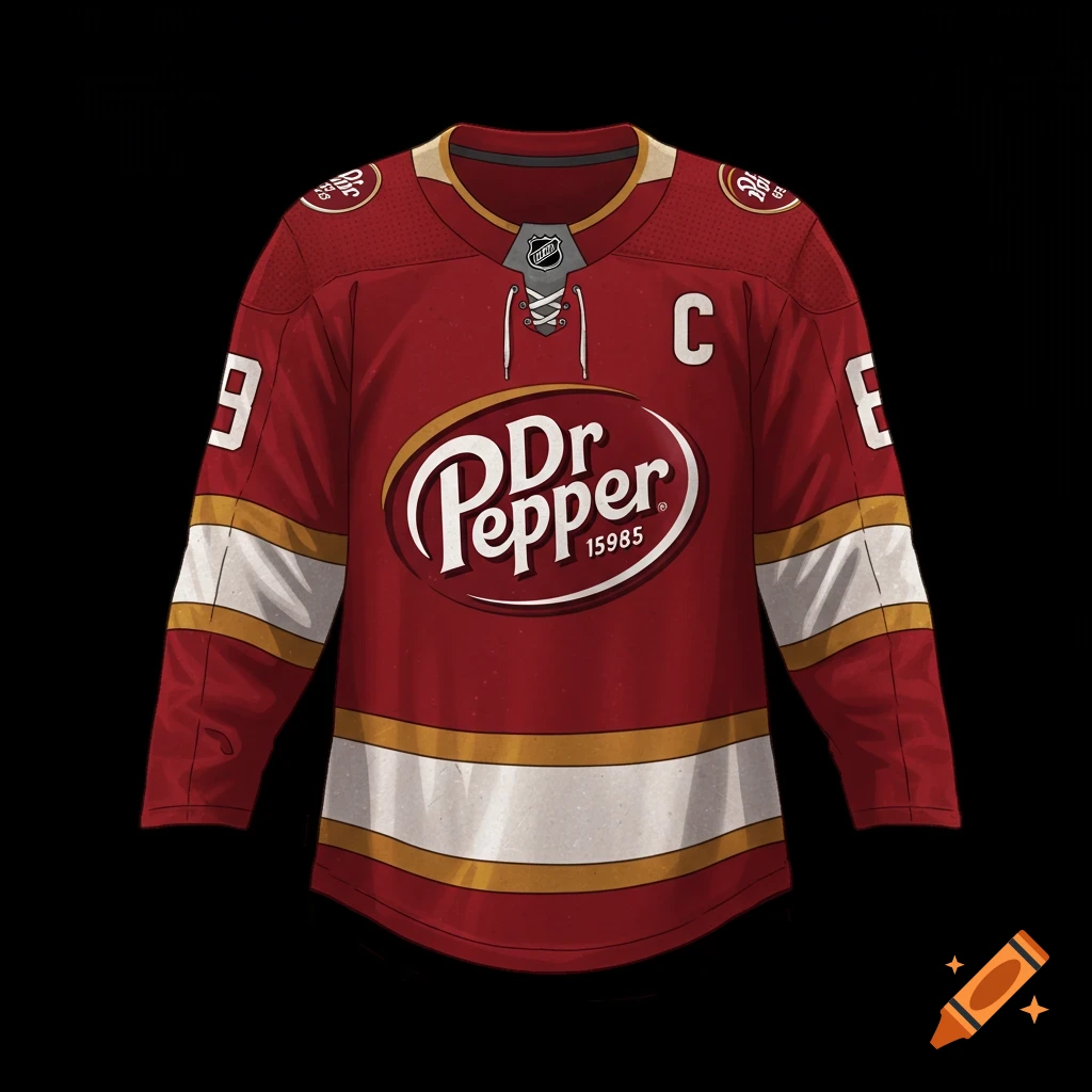 Red hockey jersey with Dr. Pepper logo and stripes on Craiyon