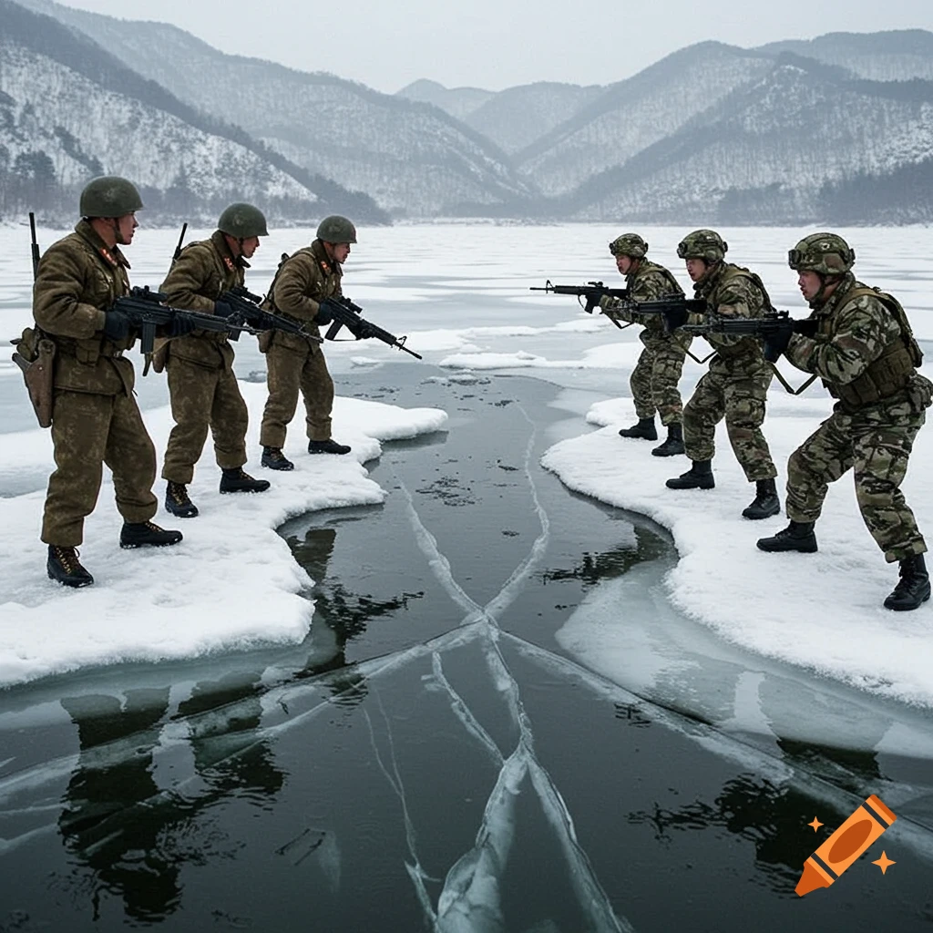 Two groups of soldiers face each other on cracking ice in a snowy ...