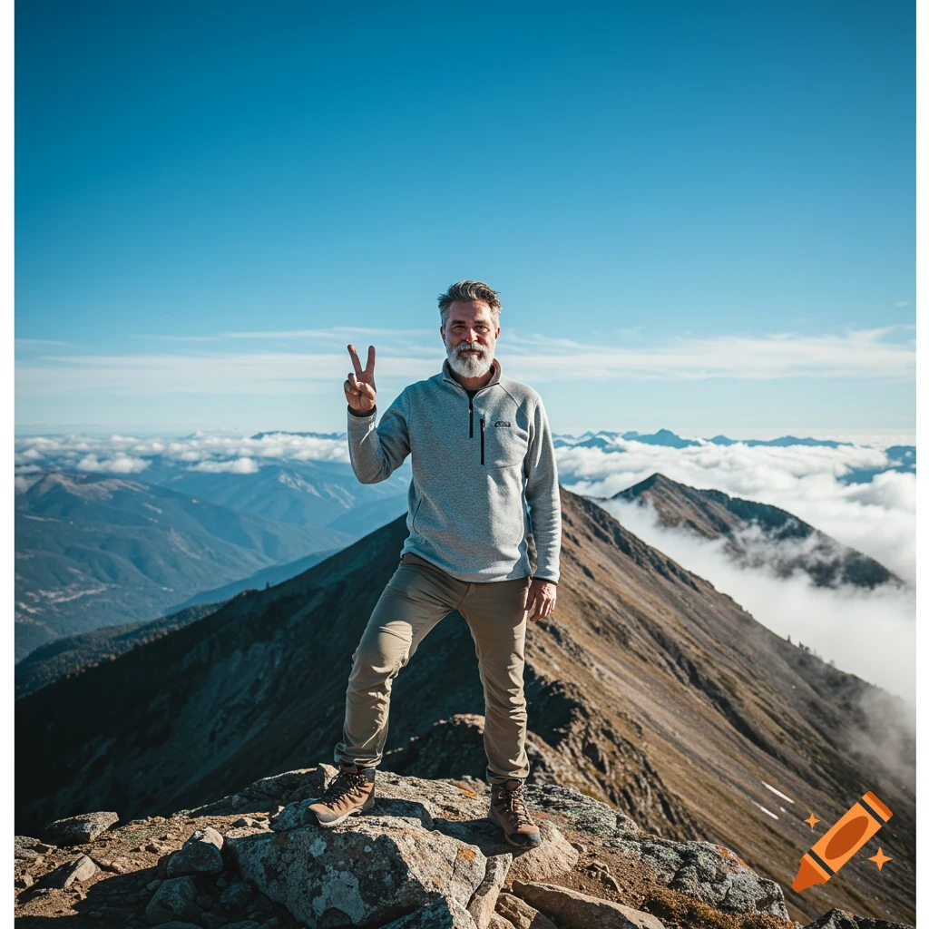 Man making a peace sign on a mountain peak overlooking clouds. on Craiyon