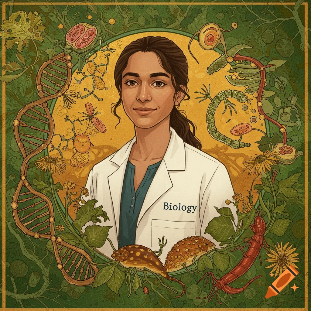 Image of a biologist in a lab coat surrounded by DNA, microbes, insects ...