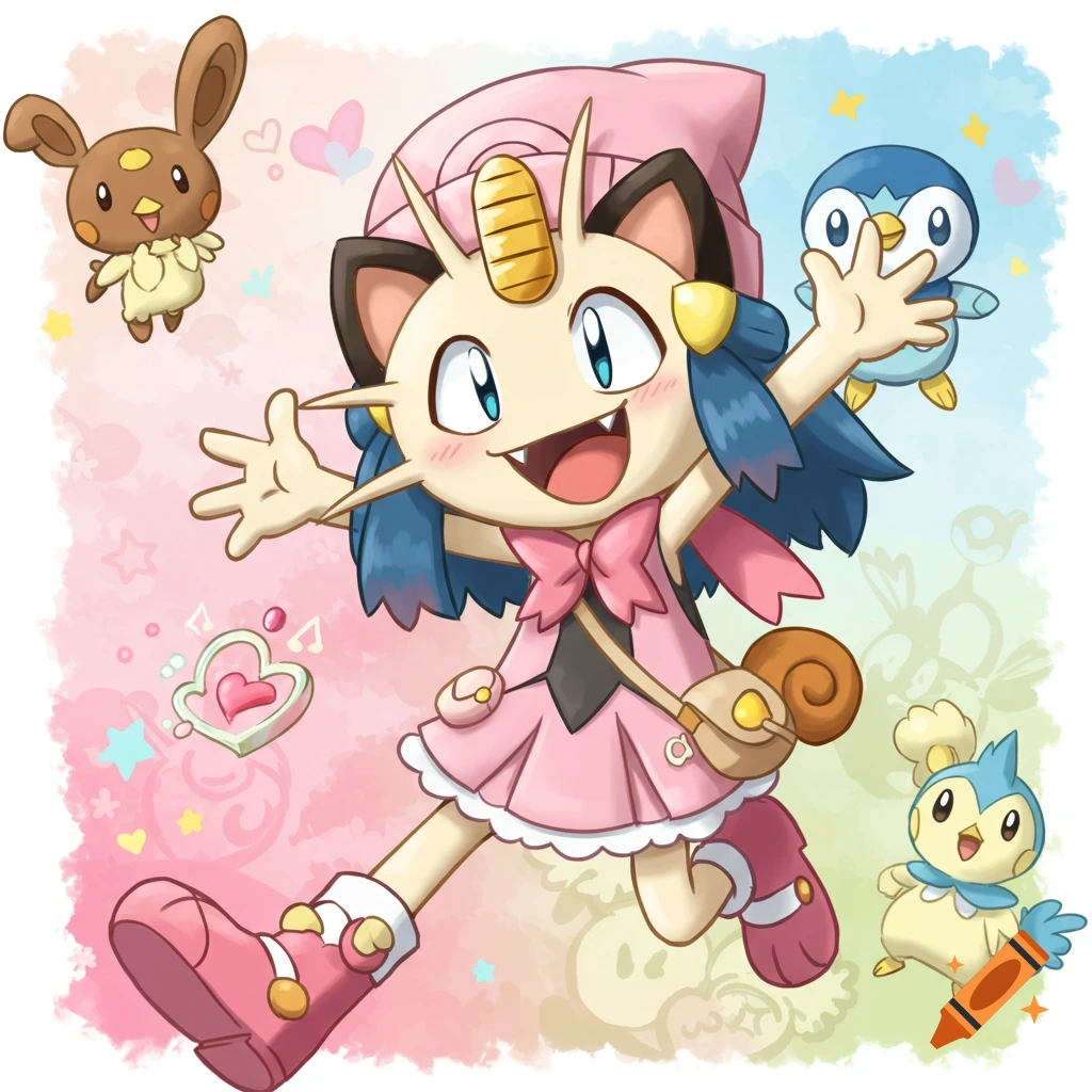 Meowth from Pokemon wearing Dawn's clothes on Craiyon