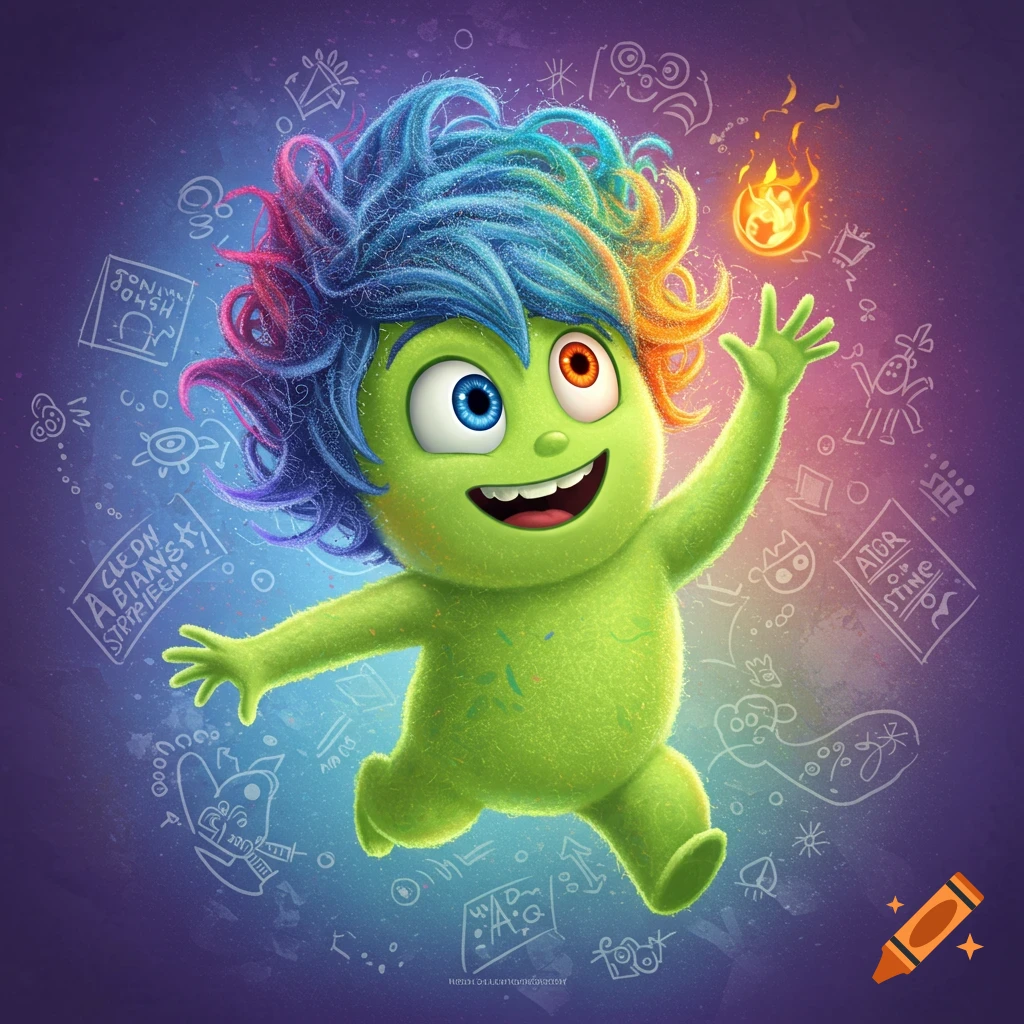 A green furry creature with colorful hair is running and smiling ...