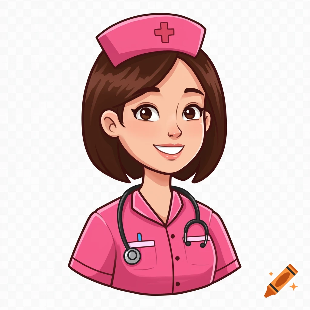 Cartoon illustration of a smiling female nurse in a pink uniform with a ...