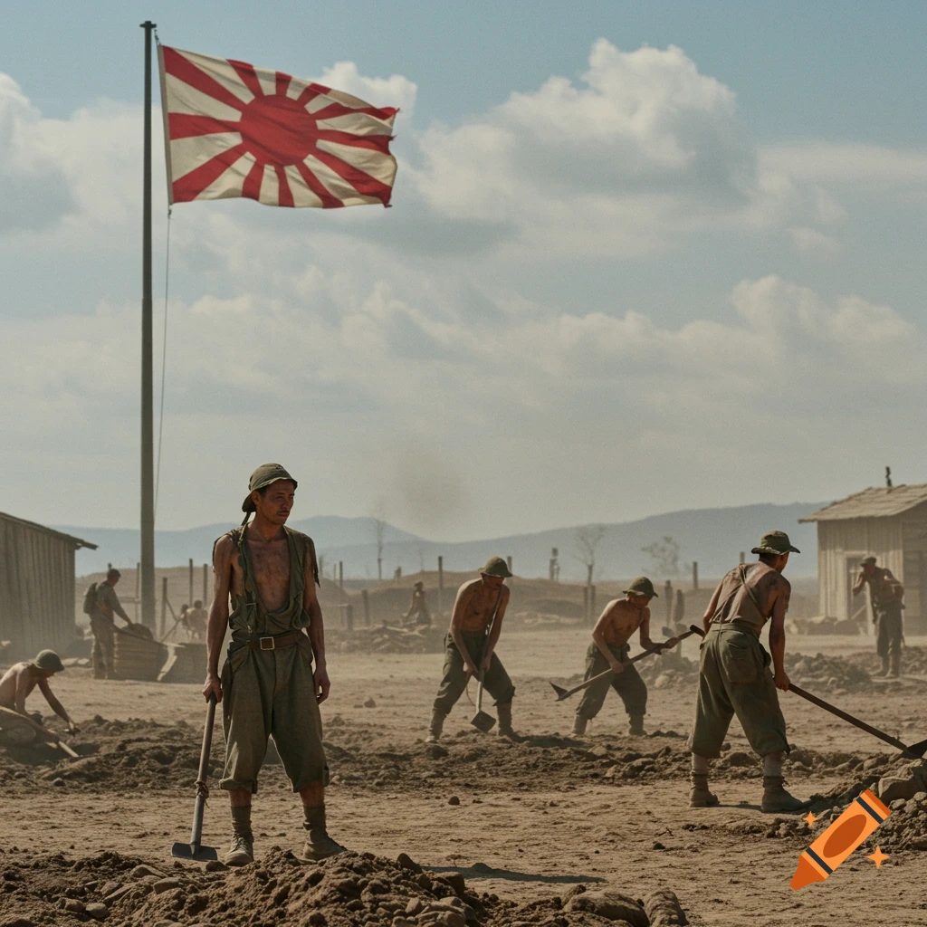 POWs working in internment camp under imperial Japan flag on Craiyon