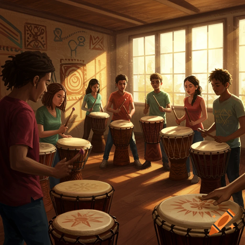 Diverse students playing hand drums in a sunlit workshop. on Craiyon