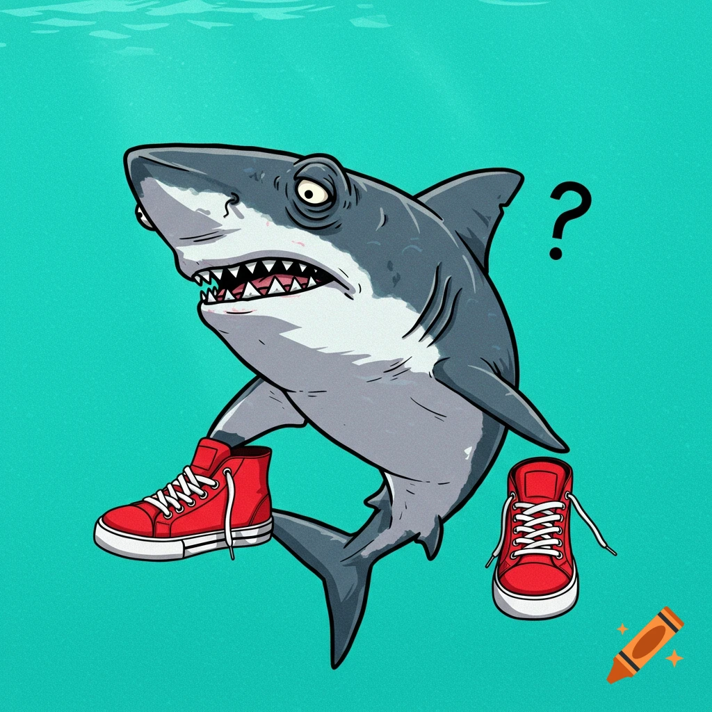 A shark walking on four legs wearing blue Nike shoes. on Craiyon