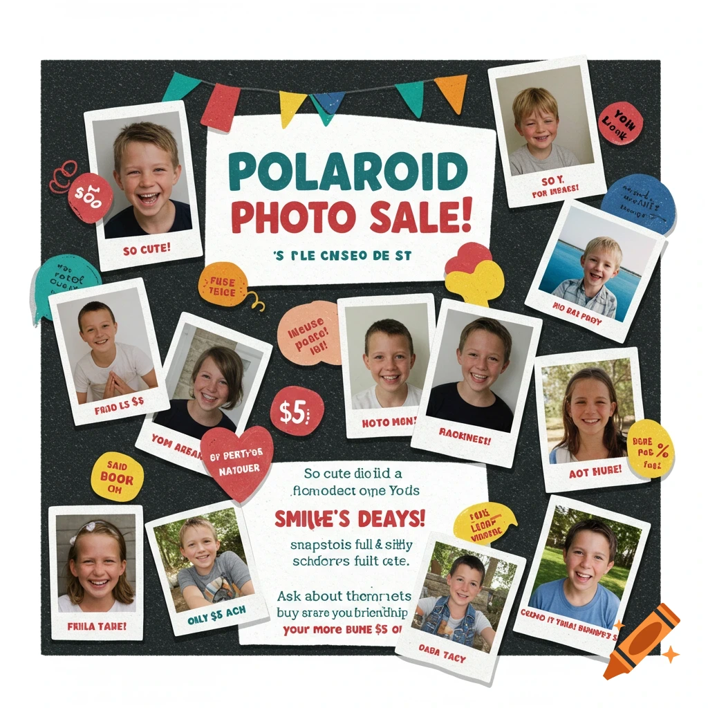 Polaroid photo sale advertisement with colorful snapshots on Craiyon