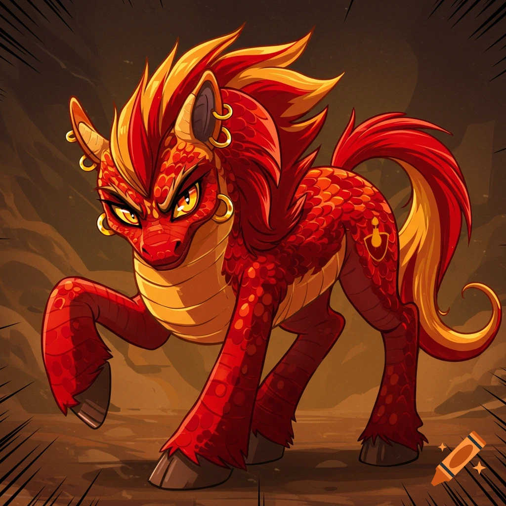 A stylized red and yellow dragon-pony with scales, horns, and piercings ...