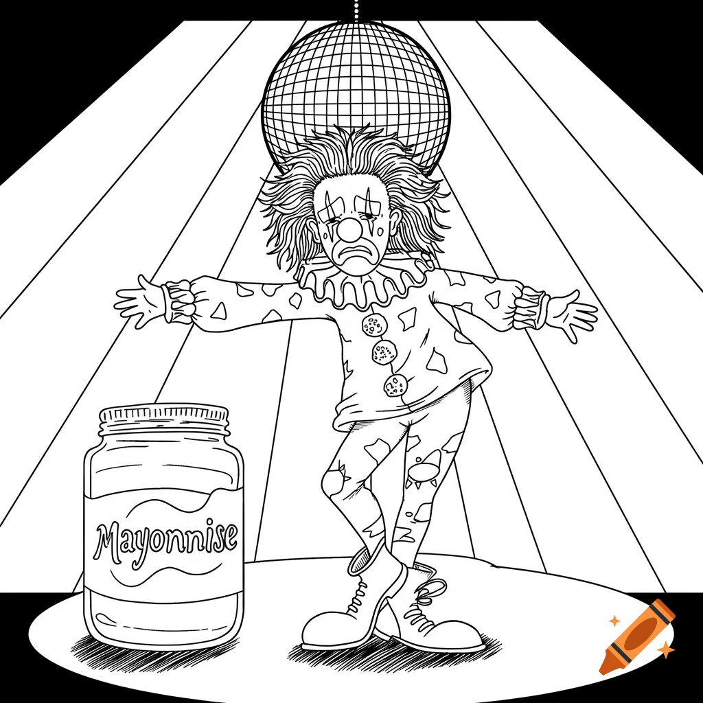 Sad clown with mullet dancing with mayonnaise jar, line drawing on Craiyon