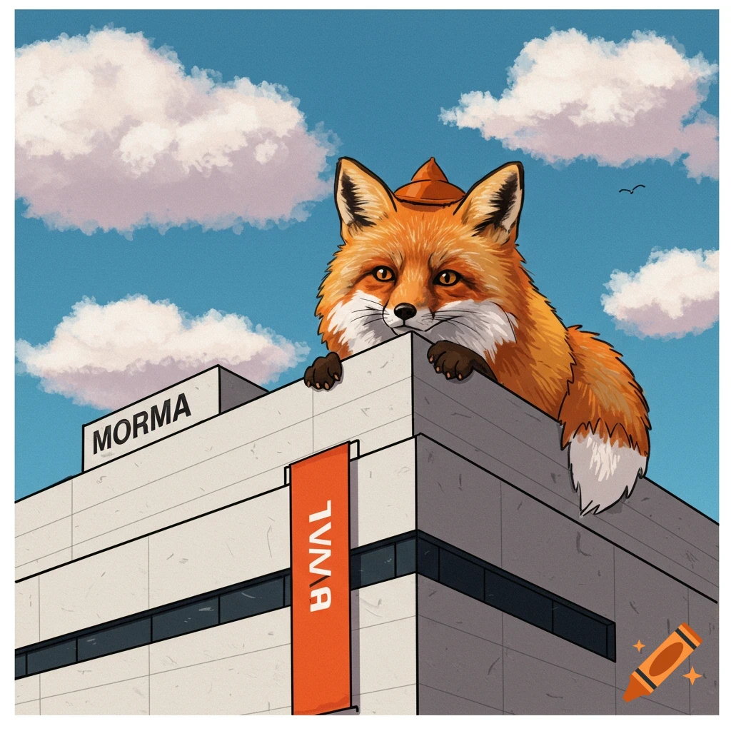 A large fox wearing a small hat looks over the top of a building with ...