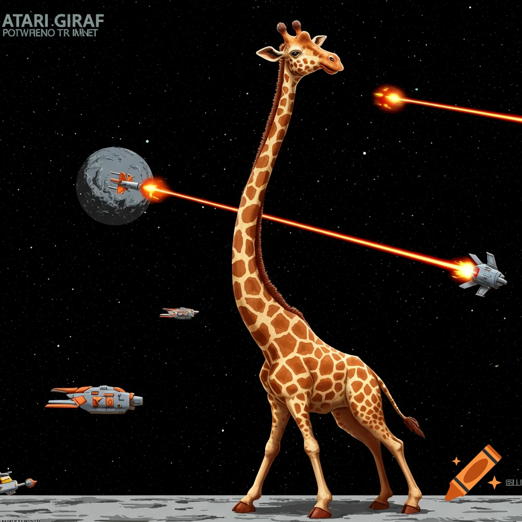 A giraffe stands on a planet in space, fighting spaceships with lasers ...